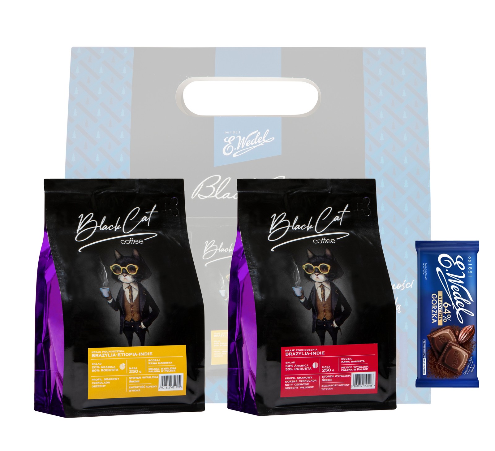 Zestaw Prezentowy Black Cat 2X Kawa 250g + Czekolada Wedel 90G | Kawa ...